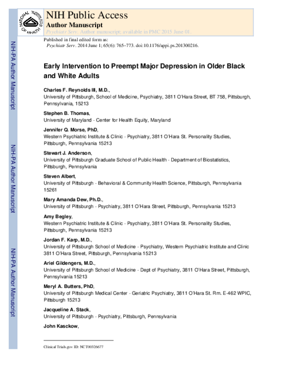 (PDF) Early Intervention to Preempt Major Depression Among Older Black ...