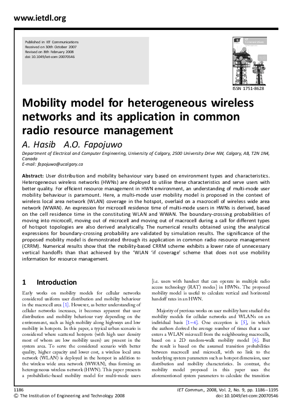 (PDF) Mobility model for heterogeneous wireless networks and its application in common radio ...