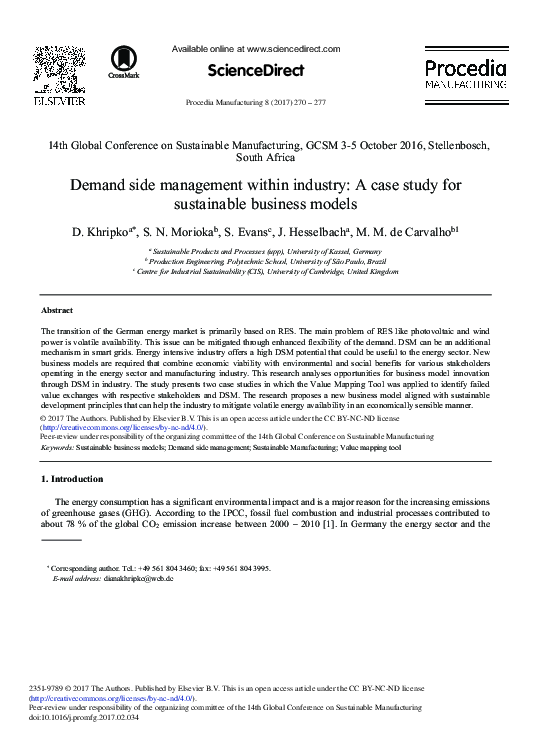 (PDF) Demand Side Management within Industry: A Case Study for Sustainable Business Models