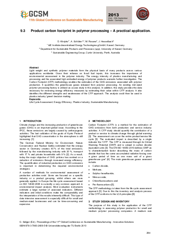 (PDF) Product Carbon Footprint in Polymer Processing - A practical approach
