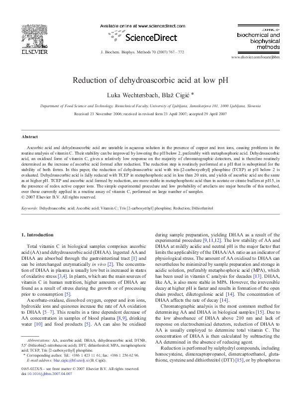 (PDF) Reduction of dehydroascorbic acid at low pH