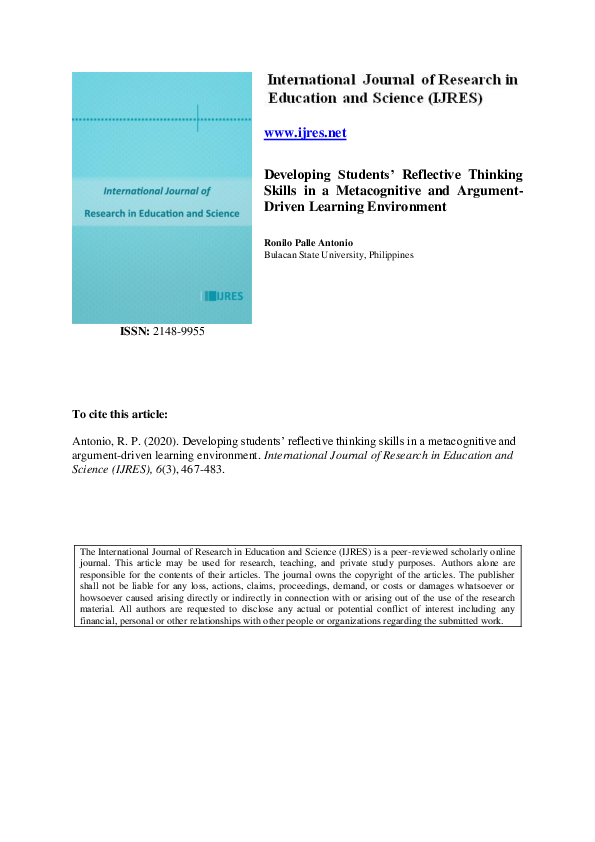 (PDF) Developing Students’ Reflective Thinking Skills in a Metacognitive and Argument-Driven ...