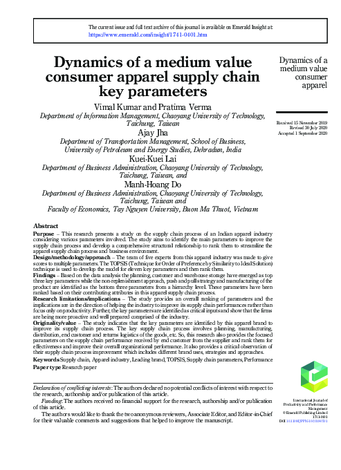 (PDF) Dynamics of a medium value consumer apparel supply chain key ...