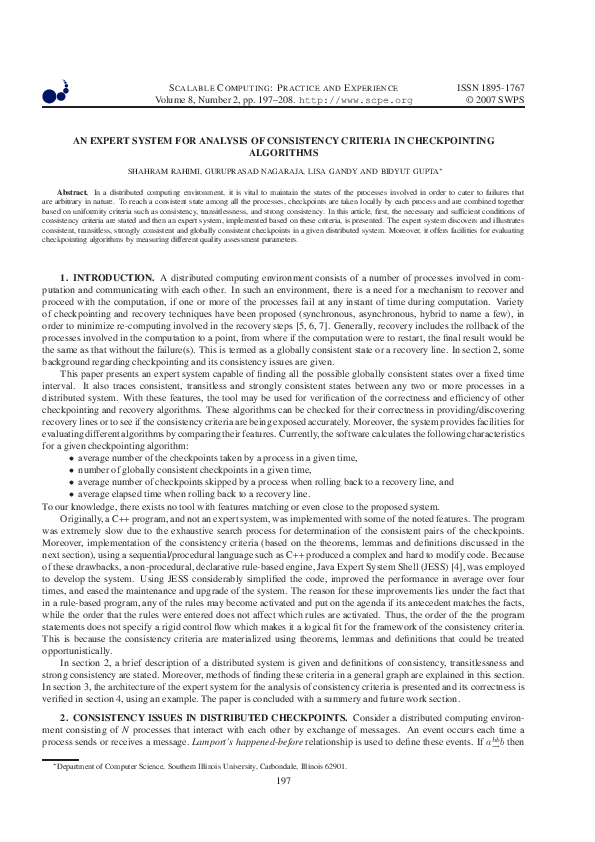 Pdf An Expert System For Analysis Of Consistency Criteria In Checkpointing Algorithms
