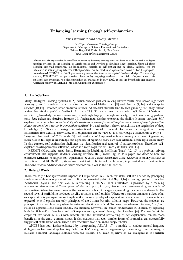 (PDF) Enhancing learning through self-explanation | Amali Weerasinghe - Academia.edu