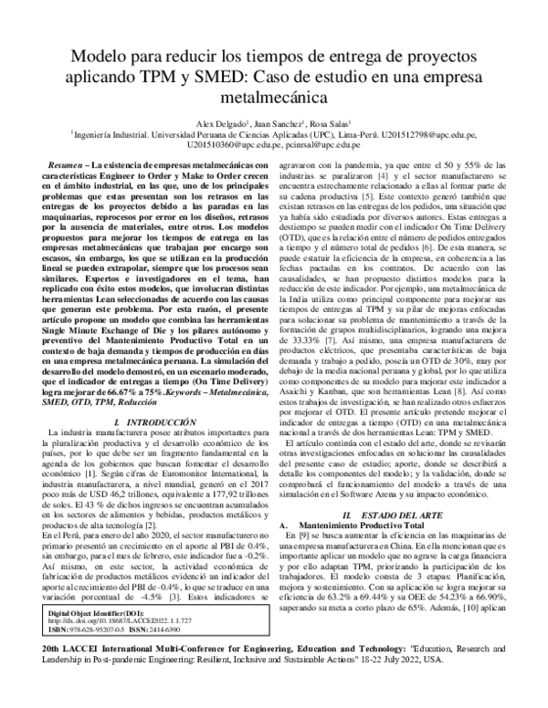 (PDF) Model to reduce project delivery times by applying TPM and SMED ...