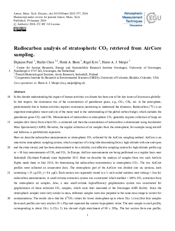 (PDF) Radiocarbon analysis of stratospheric CO 2 retrieved from AirCore ...
