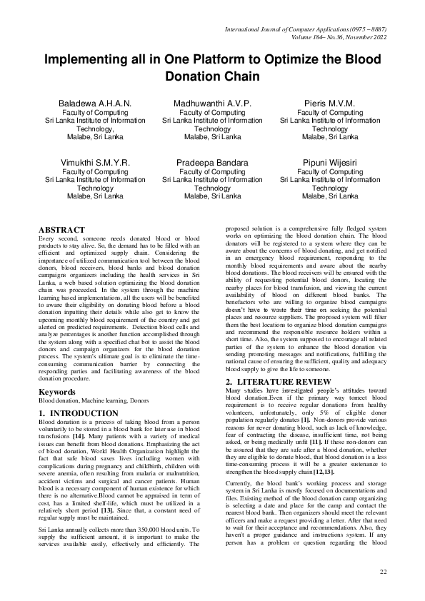 (PDF) Implementing all in One Platform to Optimize the Blood Donation Chain