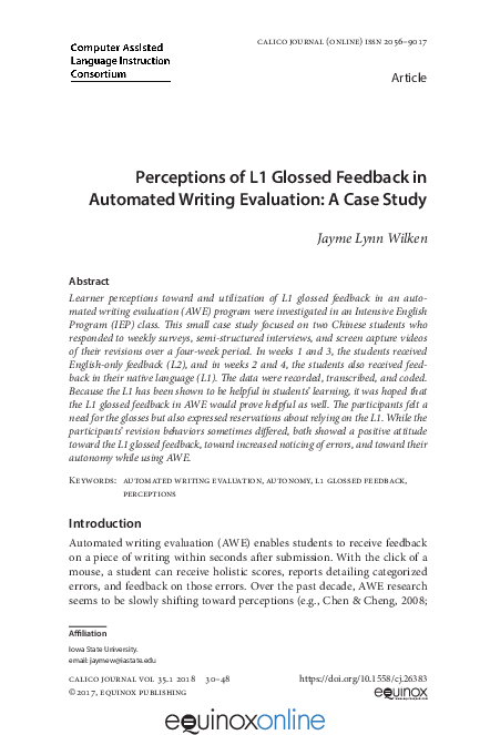 (PDF) Perceptions of L1 Glossed Feedback in Automated Writing Evaluation: A Case Study