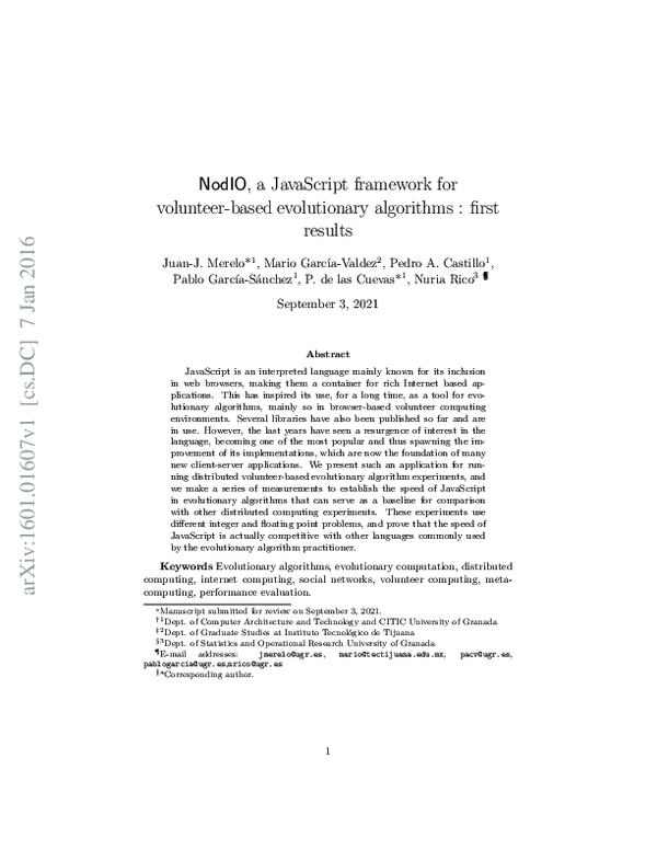 (PDF) NodIO, a JavaScript framework for volunteer-based evolutionary algorithms : first results