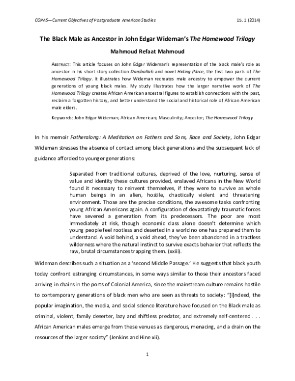 (PDF) The Black Male as Ancestor in John Edgar Wideman’s The Homewood ...