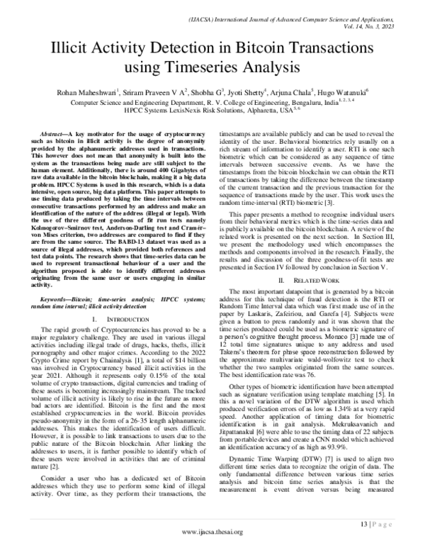 Pdf Illicit Activity Detection In Bitcoin Transactions Using Timeseries Analysis