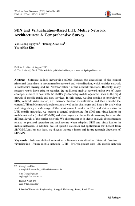 (PDF) SDN and Virtualization-Based LTE Mobile Network Architectures: A Comprehensive Survey