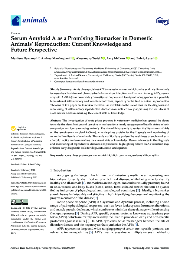 (PDF) Serum Amyloid A as a Promising Biomarker in Domestic Animals’ Reproduction: Current ...