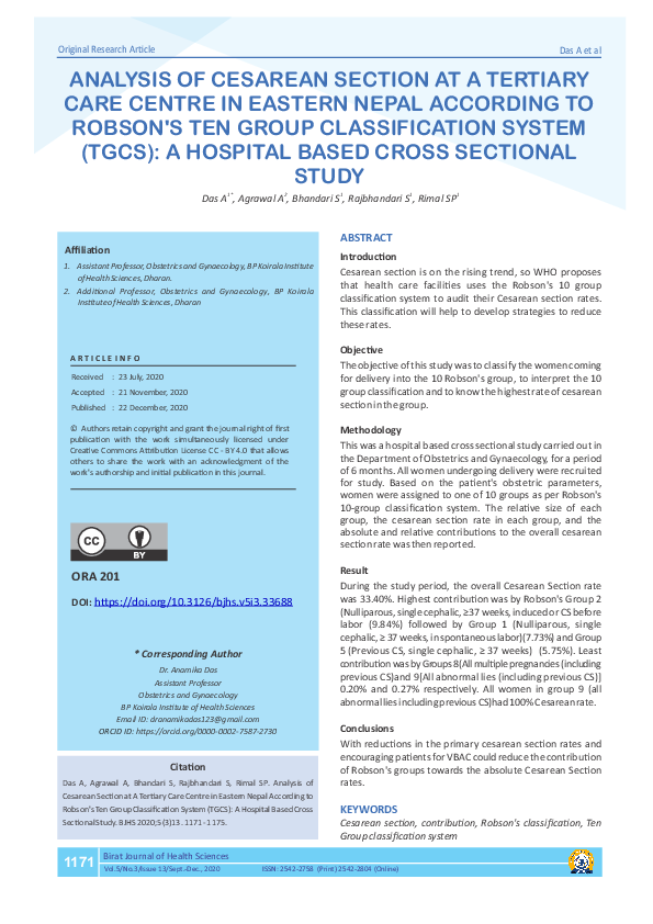 (PDF) Analysis of Cesarean Section at a Tertiary care centre in Eastern ...