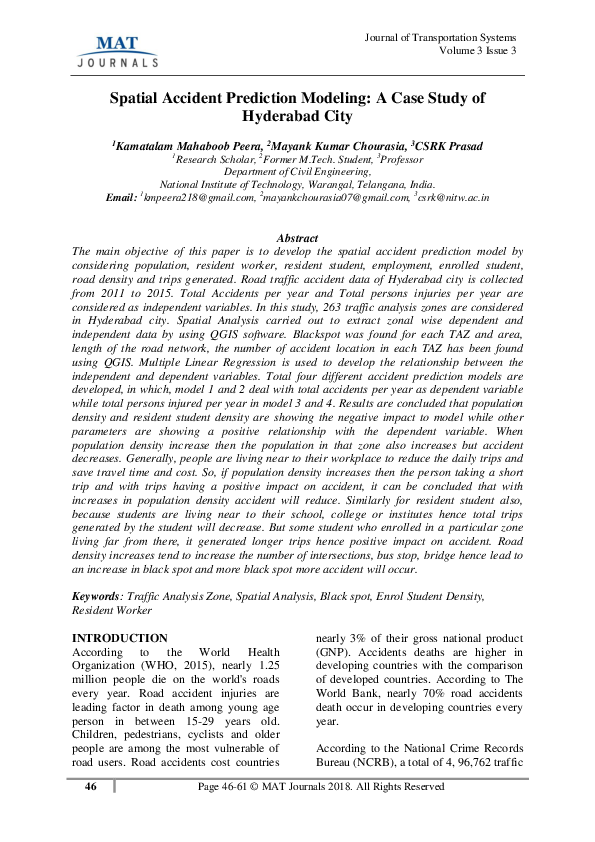 (PDF) Spatial Accident Prediction Modeling: A Case Study of Hyderabad City