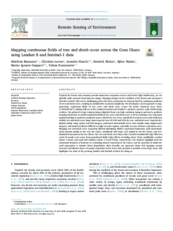 (PDF) Mapping continuous fields of tree and shrub cover across the Gran Chaco using Landsat 8 ...
