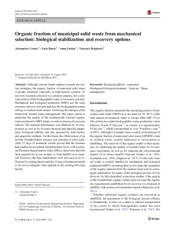 (PDF) Organic fraction of municipal solid waste from mechanical ...