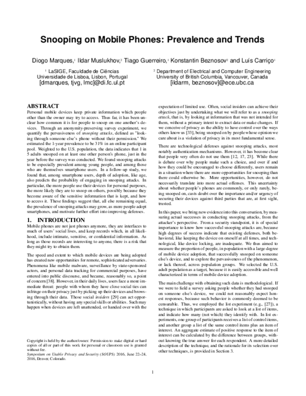(PDF) Snooping on Mobile Phones: Prevalence and Trends