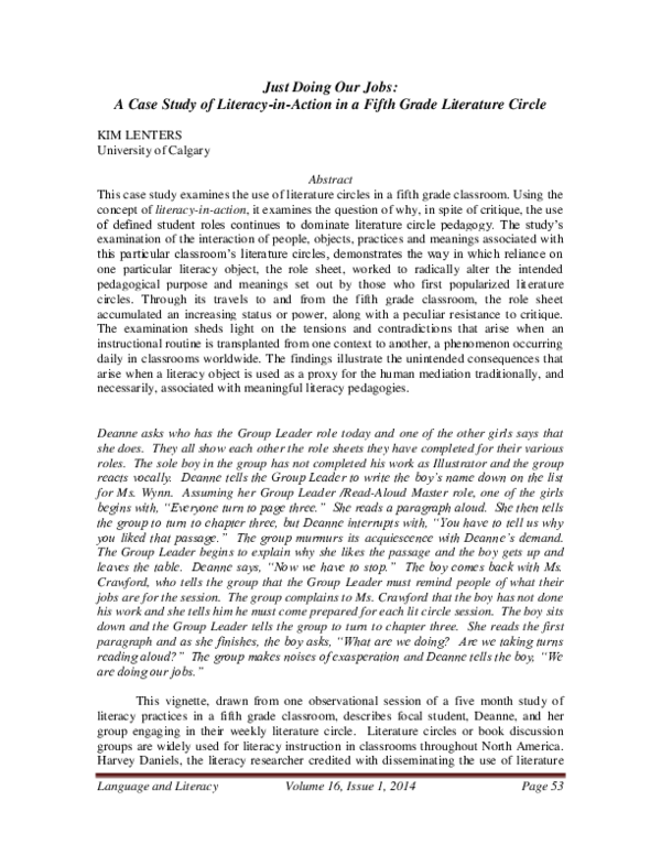 (PDF) Just Doing Our Jobs: A Case Study of Literacy-in-Action in a Fifth Grade Literature Circle