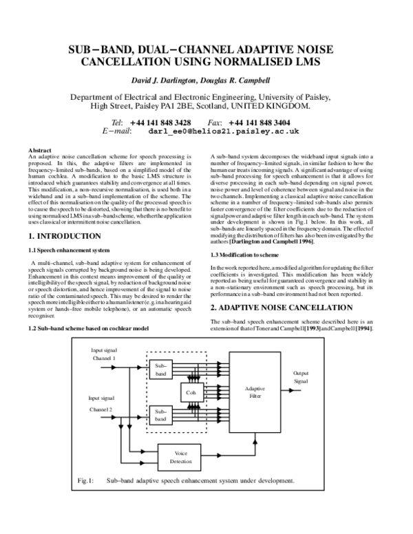 Sub-band, dual-channel adaptive noise cancellation using normalised LMS