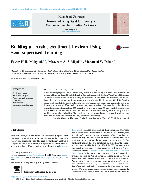 (PDF) Building an Arabic Sentiment Lexicon Using Semi-supervised Learning