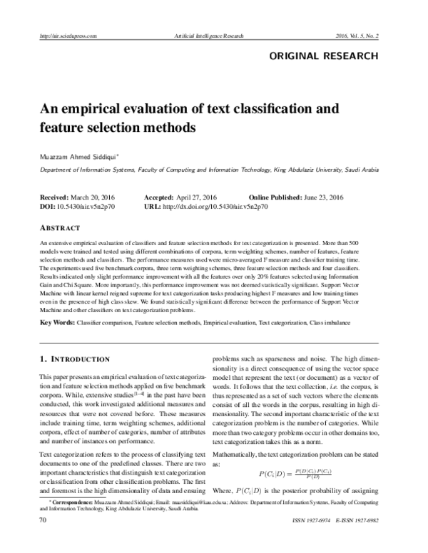 Pdf An Empirical Evaluation Of Text Classification And Feature