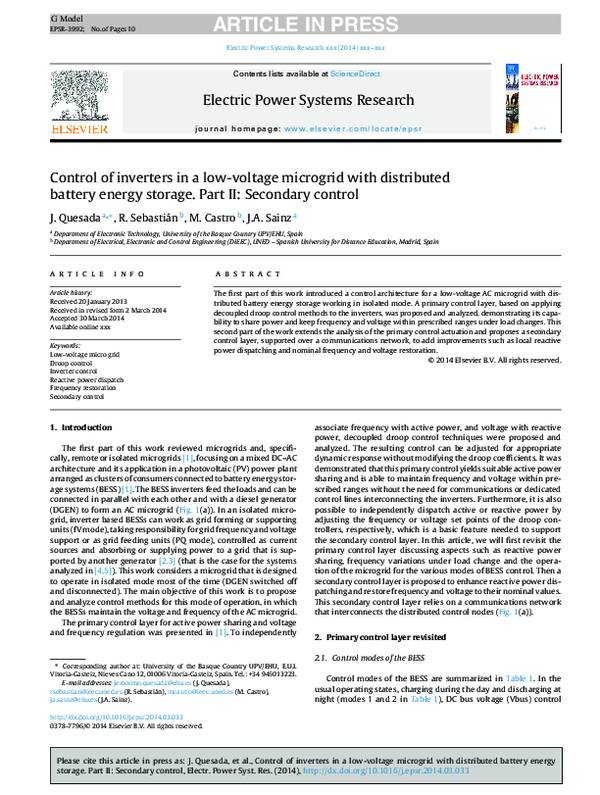 Pdf Control Of Inverters In A Low Voltage Microgrid With Distributed