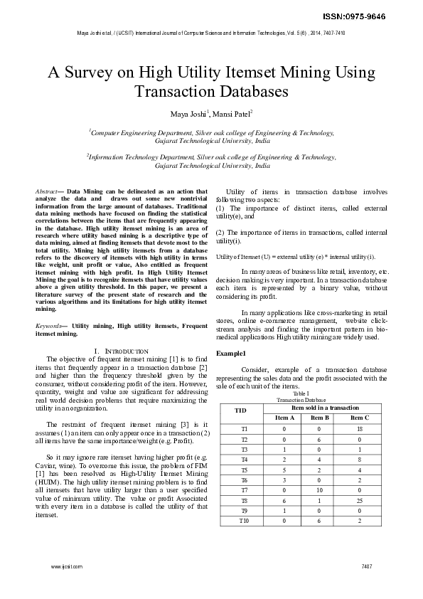 Pdf A Survey On High Utility Itemset Mining Using Transaction Databases Mansi Patel
