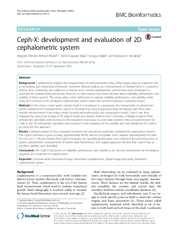 (PDF) Ceph-X: development and evaluation of 2D cephalometric system