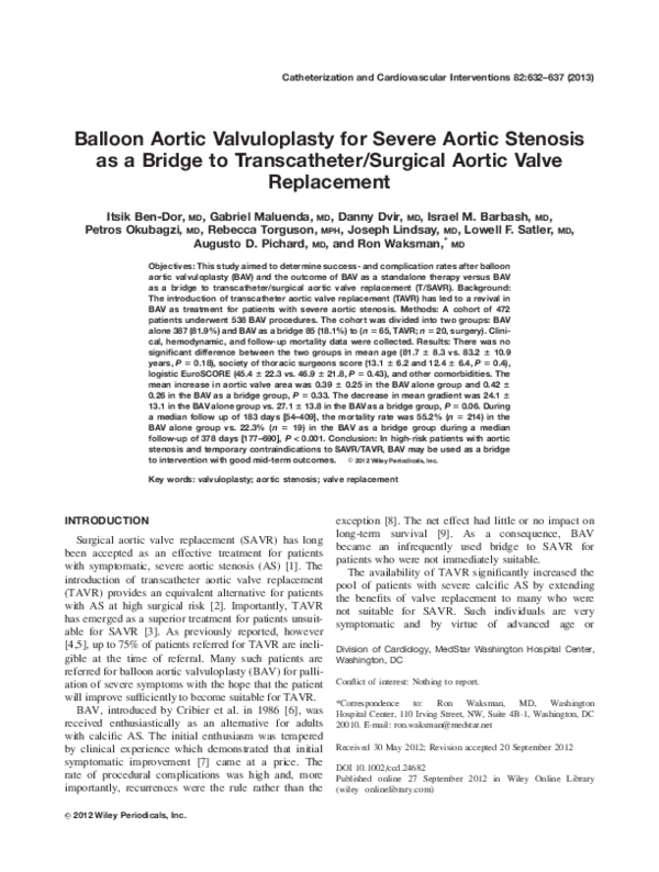 (PDF) Balloon aortic valvuloplasty for severe aortic stenosis as a bridge to transcatheter ...