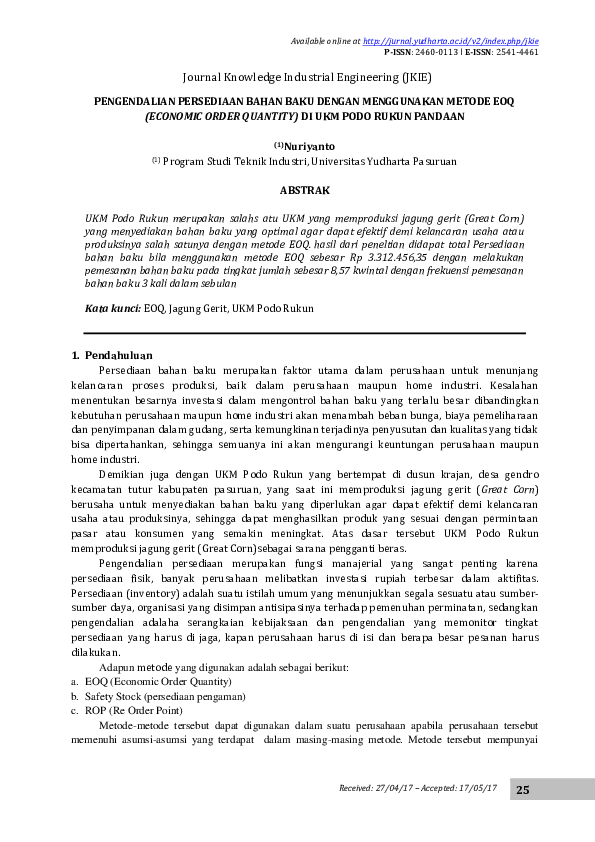 (PDF) Pengendalian Persediaan Bahan Baku Dengan Menggunakan Metode Eoq (Economic Order Quantity ...