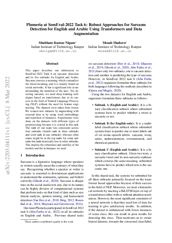 (PDF) Plumeria at SemEval-2022 Task 6: Robust Approaches for Sarcasm Detection for English and ...