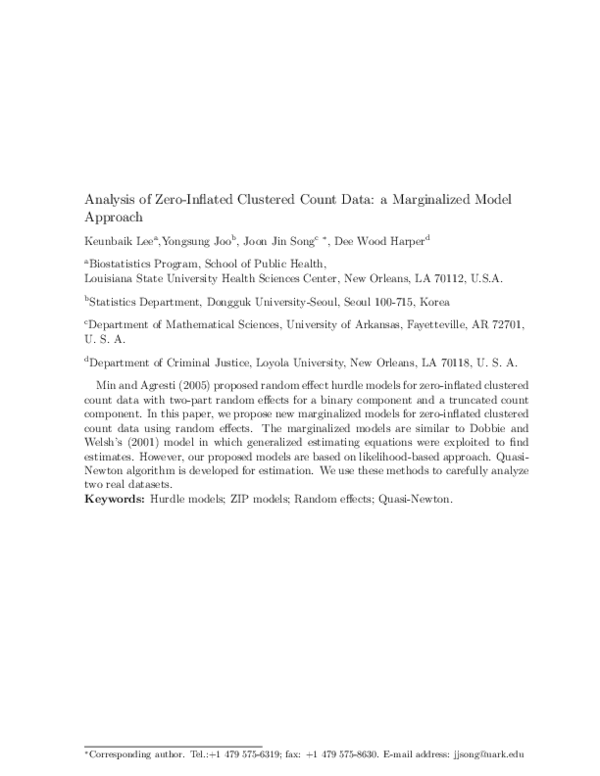 (PDF) Analysis of zero-inflated clustered count data: A marginalized model approach | Dee Harper ...