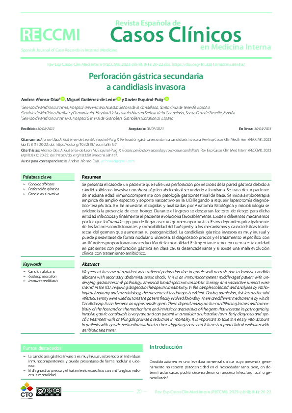 (PDF) Perforación gástrica secundaria a candidiasis invasora