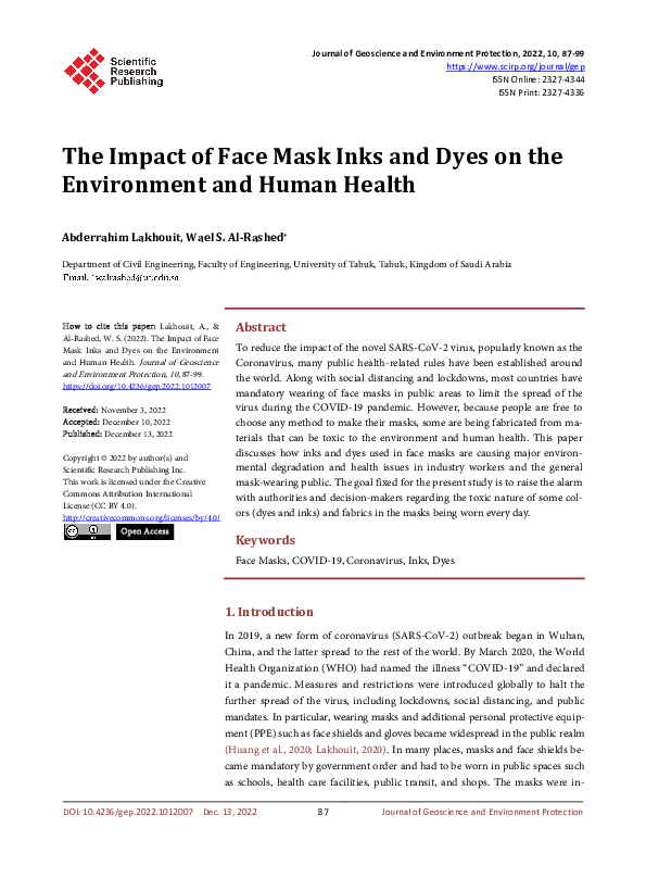 (PDF) The Impact of Face Mask Inks and Dyes on the Environment and ...