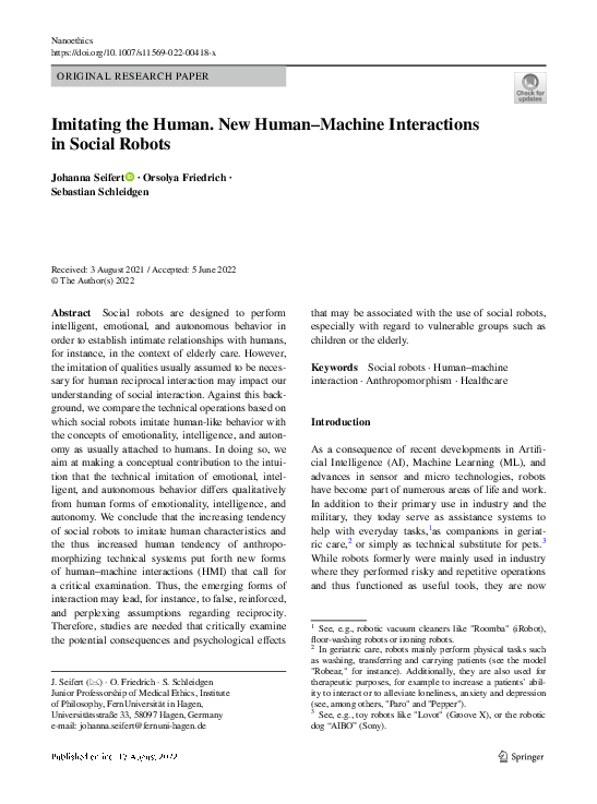 (PDF) Imitating the Human. New Human–Machine Interactions in Social Robots