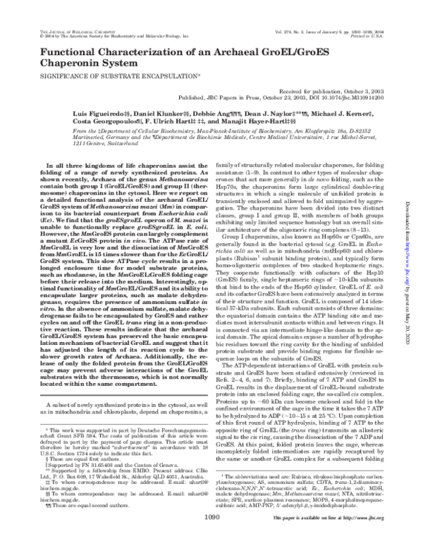 (PDF) Functional Characterization of an Archaeal GroEL/GroES Chaperonin ...