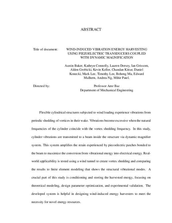 Pdf Wind Induced Vibration Energy Harvesting Using Piezoelectric Transducers Coupled With