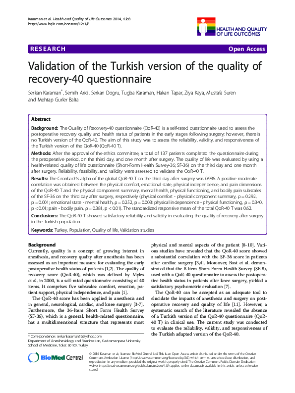 (PDF) Validation of the Turkish version of the quality of recovery-40 ...