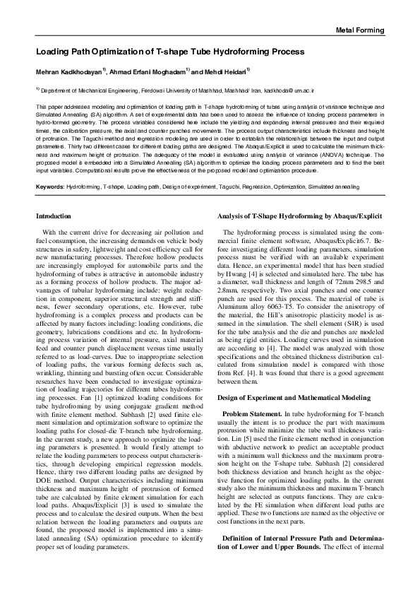 (PDF) Loading Path Optimization of T-shape Tube Hydroforming Process