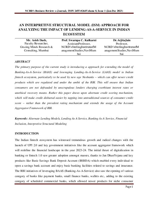 (PDF) An Interpretive Structural Model (ISM) Approach for Analyzing the Impact of Lending-As-A ...