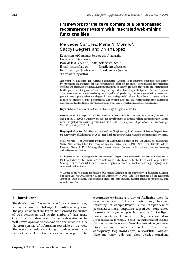 Pdf Framework For The Development Of A Personalised Recommender System With Integrated Web