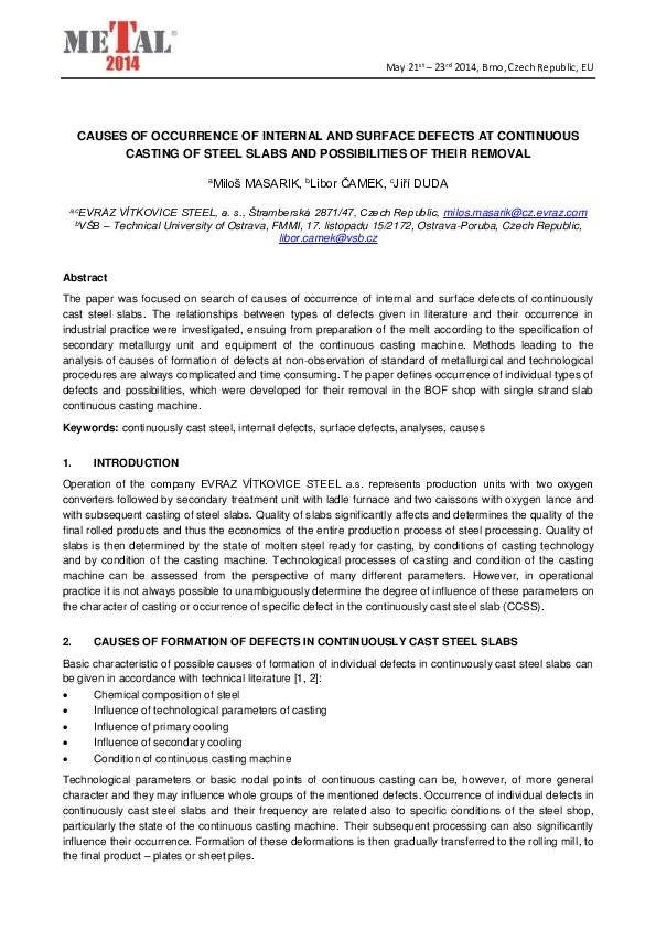 (PDF) CAUSES OF OCCURRENCE OF INTERNAL AND SURFACE DEFECTS AT CONTINUOUS CASTING OF STEEL SLABS ...