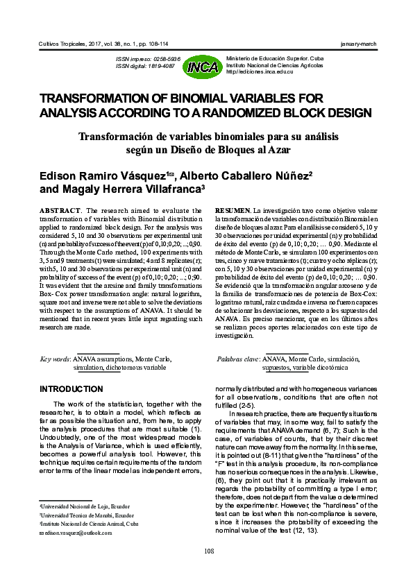 (PDF) Transformación de variables binomiales para su análisis según un diseño de bloques al azar