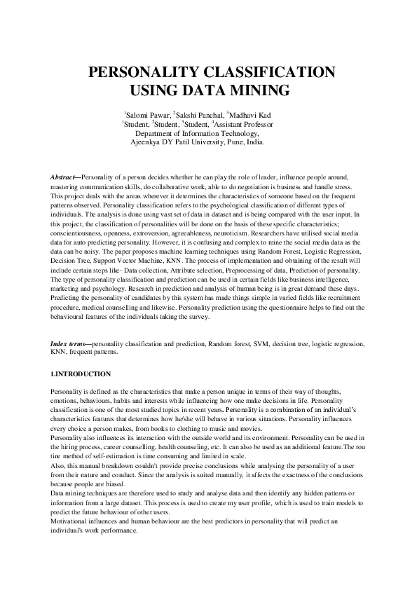 (PDF) PERSONALITY CLASSIFICATION USING DATA MINING