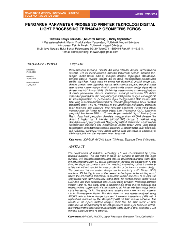 (PDF) Pengaruh Parameter Proses 3D Printer Teknologi Digital Light Processing Terhadap Geometris ...