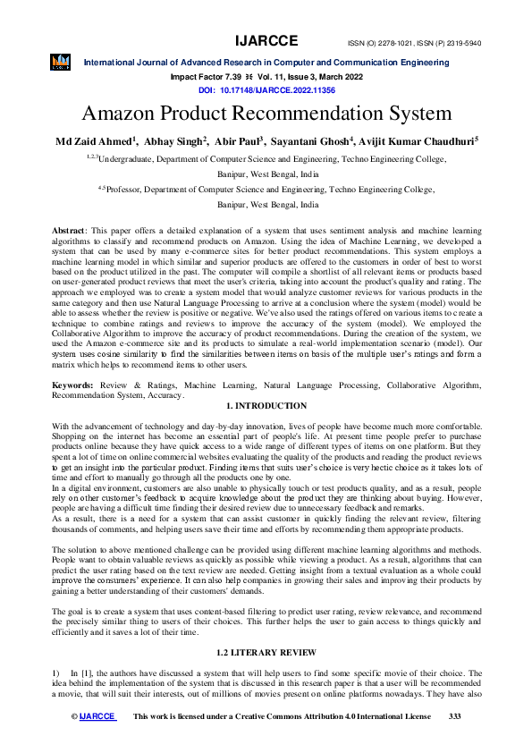(PDF) Amazon Product Recommendation System