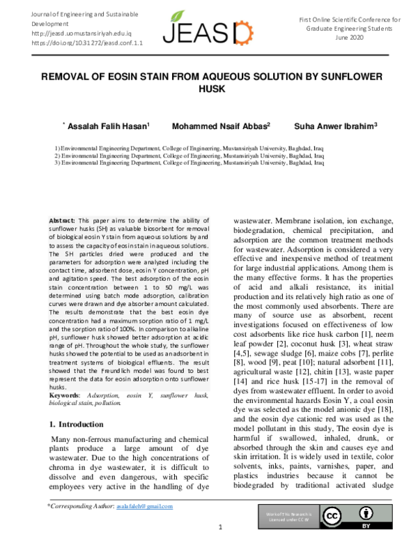 (PDF) Removal of Eosin Stain from Aqueous Solution by Sunflower Husk