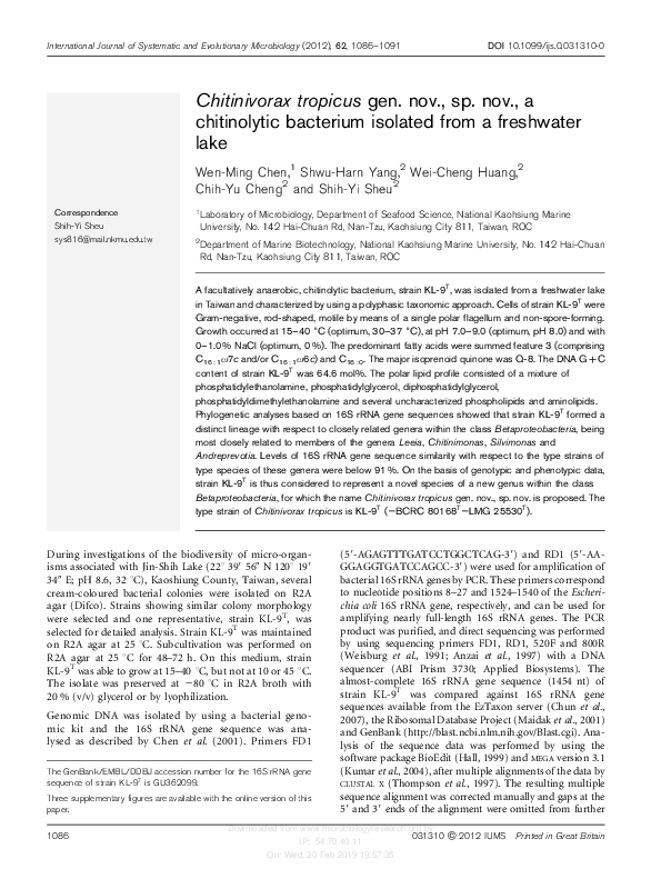 (PDF) Chitinivorax tropicus gen. nov., sp. nov., a chitinolytic ...